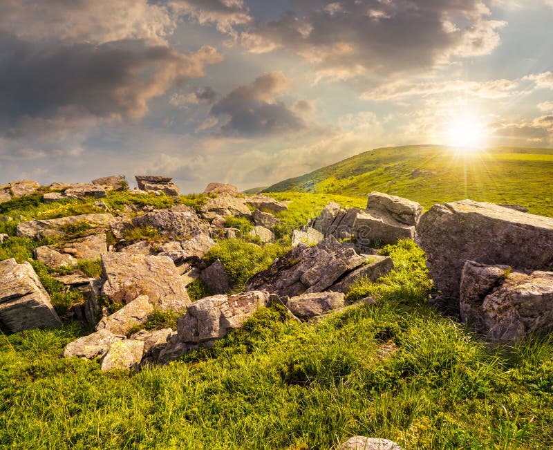 Boulders on the Mountain Meadow at Sunset Stock Image - Image of flare ...