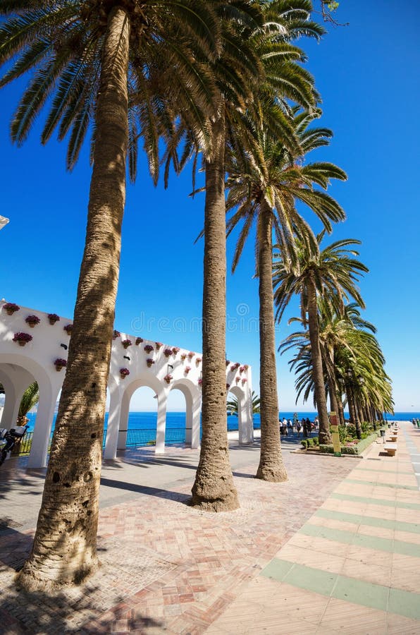 Boulevar with Palm Trees in Nerja, Malaga, Spain. Stock Photo - Image ...