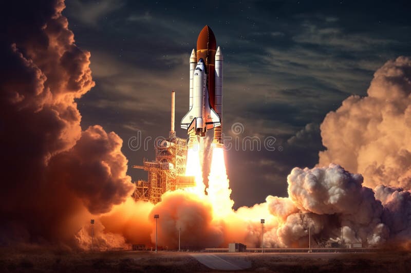 Bound for the Cosmos, Rocket Ship Launches into a Galaxy-filled Sky ...