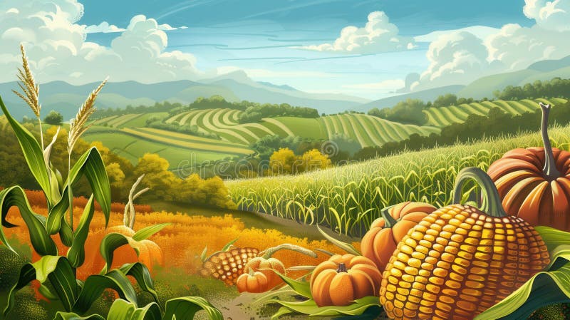 A Bountiful Autumn Harvest in a Rural Setting with Fields of Corn ...