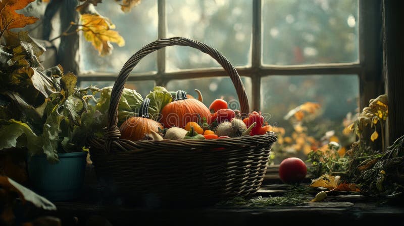 Bountiful Autumn Harvest in Woven Basket by Rustic Window Stock Image ...