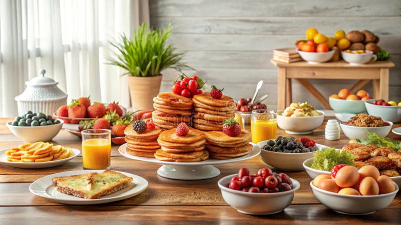 A Bountiful Breakfast Table with Pancakes, Fresh Fruit, and Other ...