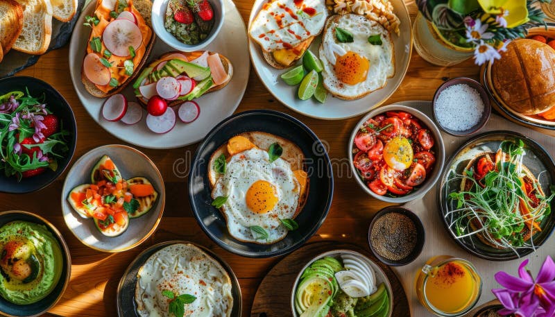 A Bountiful Brunch Table Features a Colorful Spread of Eggs, Avocado ...