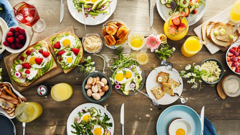 A Bountiful Brunch Table Features a Colorful Spread of Eggs, Avocado ...