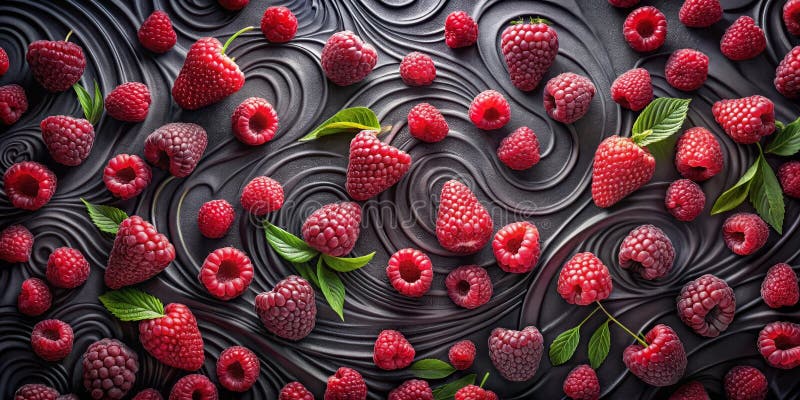 A Bountiful Collection of Ripe Raspberries Arranged on a Swirled Dark ...