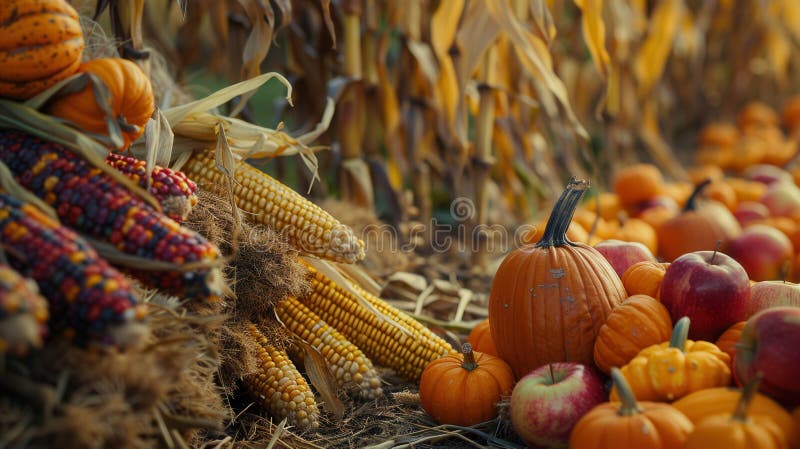 A Bountiful Display of Fall Produce Sits among Stalks of Corn ...