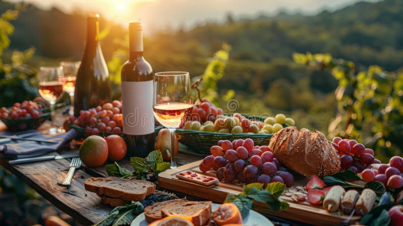 Bountiful Evening Banquet with Wine and Fresh Fruit at Sunset Stock ...