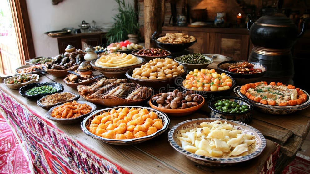 A Bountiful Feast of Traditional Dishes is Served Stock Illustration ...