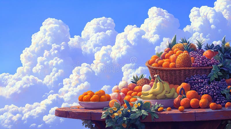 Bountiful Fruit Arrangement on a Table Against a Vibrant Sky Stock ...