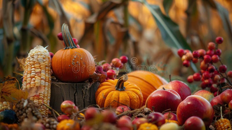 A Bountiful Harvest of Corn, Pumpkins, and Apples in a Field ...