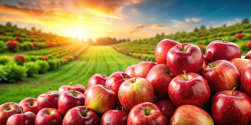 A Bountiful Harvest of Crisp, Red Apples at Sunset in an Orchard ...