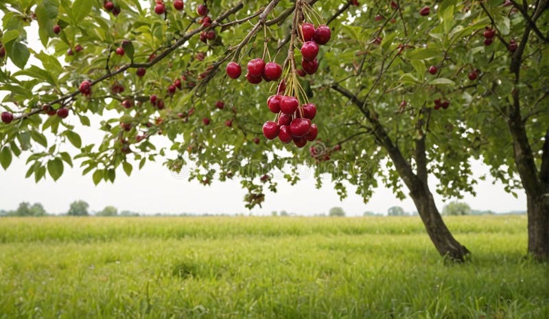 Bountiful Harvest Red Cherries in Lush Field Oasis Stock Illustration ...