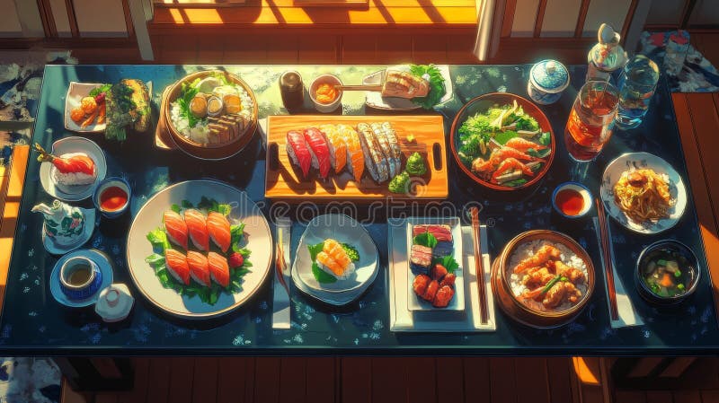 A Bountiful Japanese Dinner Spread with an Array of Sushi, Sashimi, and ...