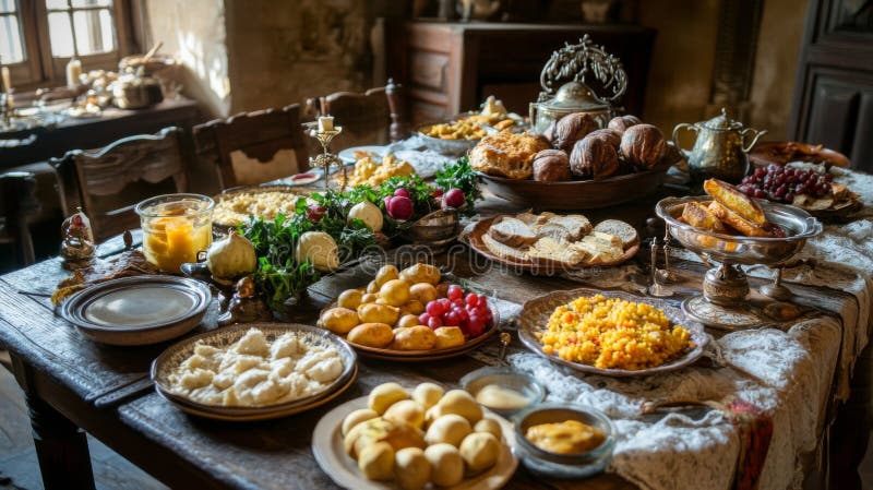 A Bountiful Medieval Style Feast Table Laden with Food Stock ...