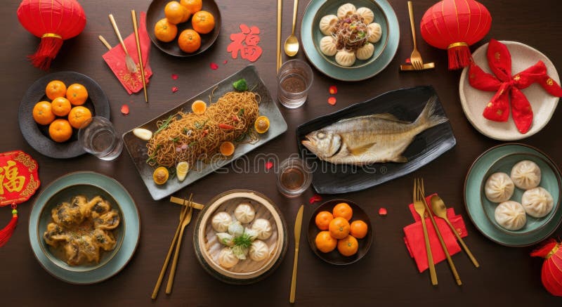A Flat Lay of a Chinese New Year Feast, Bountiful Reunion Dinner Stock ...