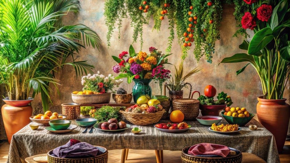 A Bountiful Table Setting Adorned with Vibrant Flowers, Lush Greenery ...