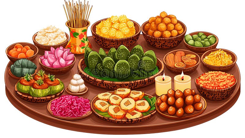 Bountiful Table of Traditional Asian Sweets and Offerings Stock ...