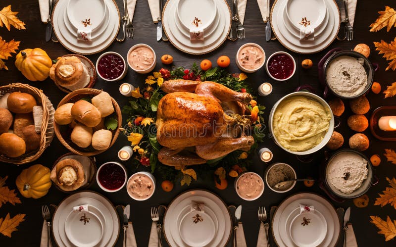Generative-AI, Bountiful Thanksgiving Table Background with Turkey and ...