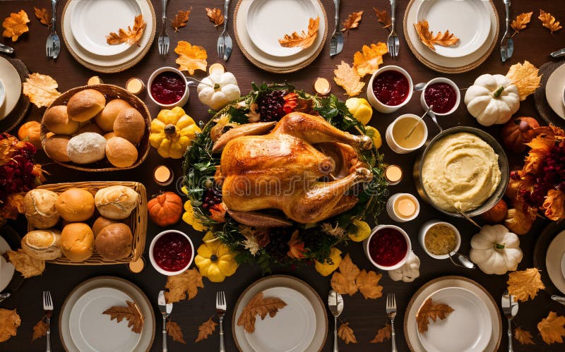 Generative-AI, Bountiful Thanksgiving Table Background with Turkey and ...