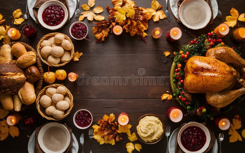 Generative-AI, Bountiful Thanksgiving Table Background with Turkey and ...