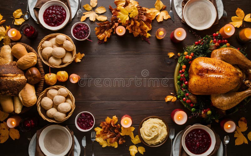 Generative-AI, Bountiful Thanksgiving Table Background with Turkey and ...