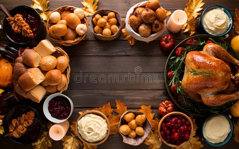 Generative-AI, Bountiful Thanksgiving Table Background with Turkey and ...