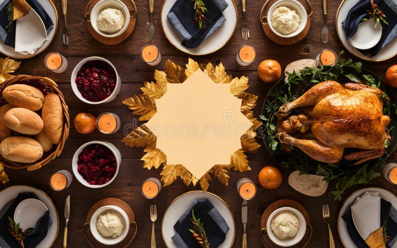 Generative-AI, Bountiful Thanksgiving Table Background with Turkey and ...