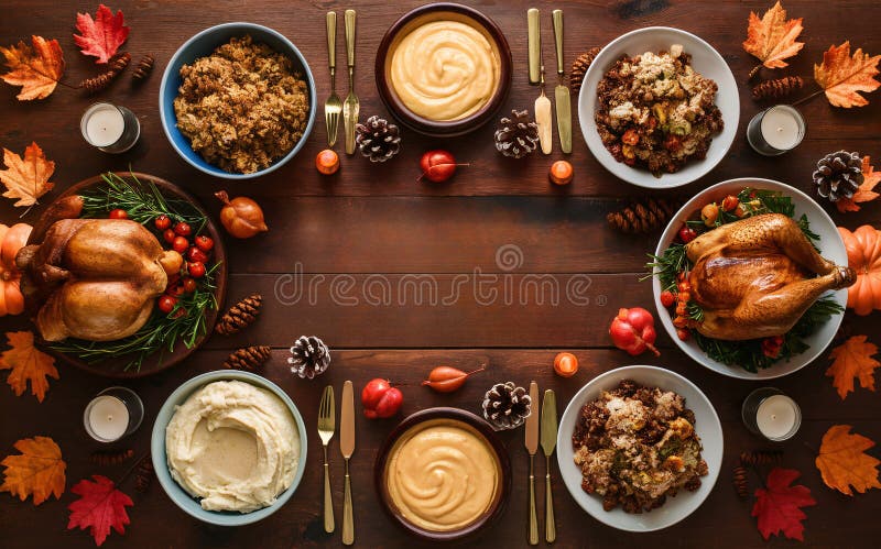 Generative-AI, Bountiful Thanksgiving Table Background with Turkey and ...