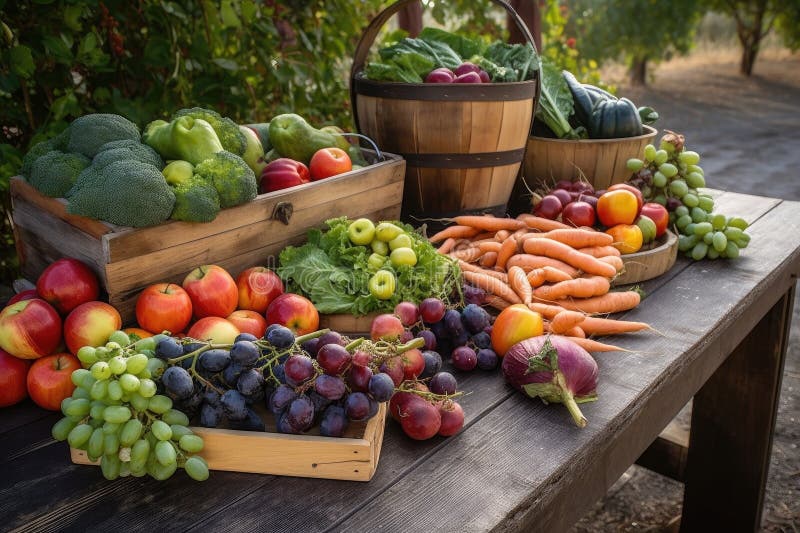 Bounty of Fresh Fruit and Veggies on Wooden Picnic Table Stock ...