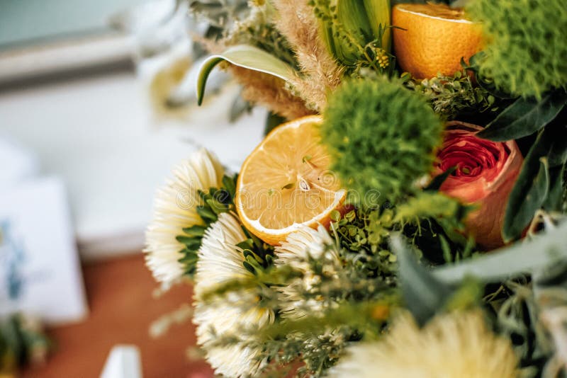 Bouquet of Asters, Roses and Lemons Stock Photo - Image of decorative ...