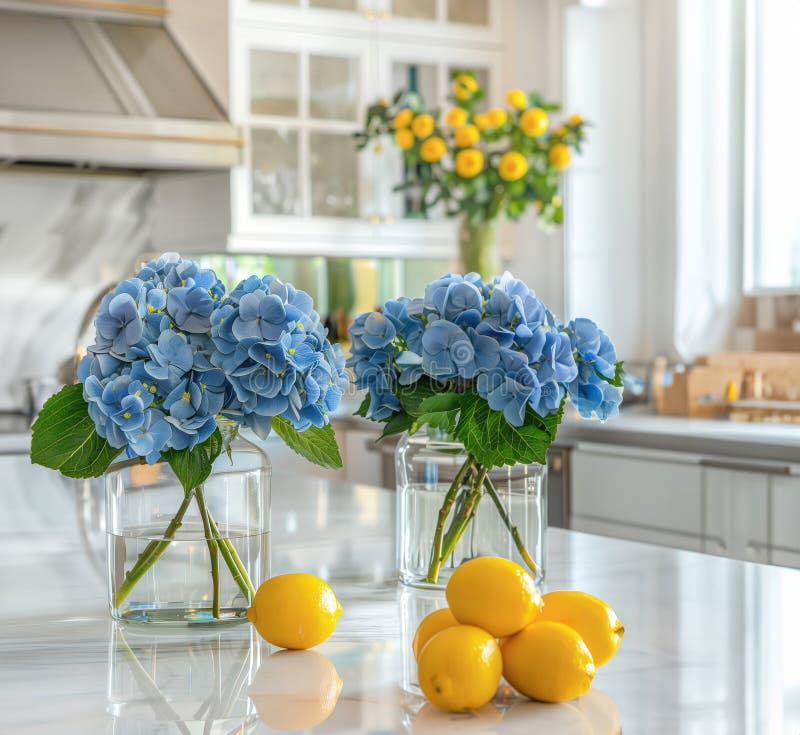 Bouquet Beautiful Blue Hydrangea and Linden Flowers White Marble Table in Bright Kitchen. Space ...