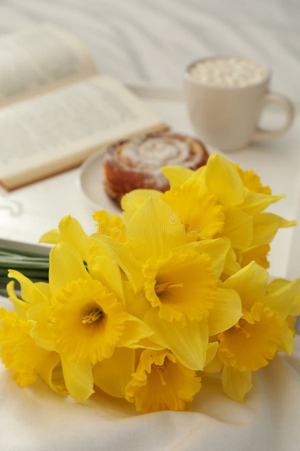 Bouquet of Beautiful Daffodils on White Bed, Closeup Stock Image ...