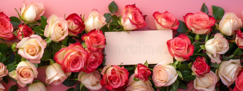 Bouquet of Beautiful Fresh Roses with a Card on Pink Stock Image ...