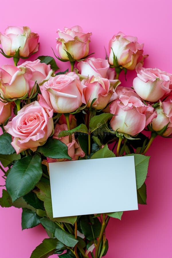 Bouquet of Beautiful Fresh Roses with a Card on Pink Stock Image ...