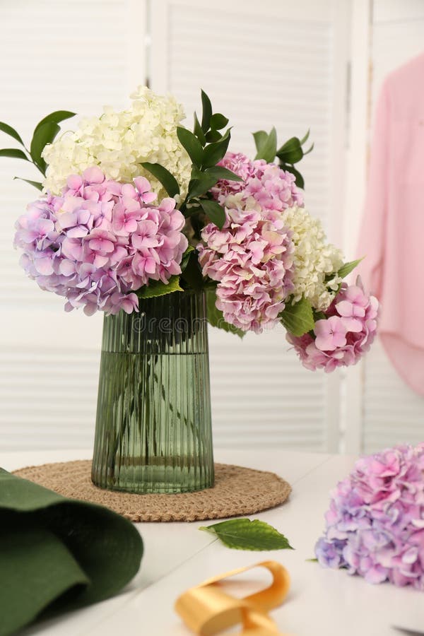 Bouquet of Beautiful Hydrangea Flowers on White Table Indoors. Interior ...