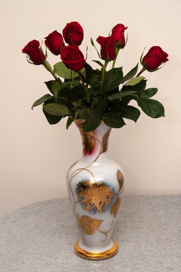 Bouquet of Blossoming Dark Red Roses in Vase Stock Photo - Image of ...