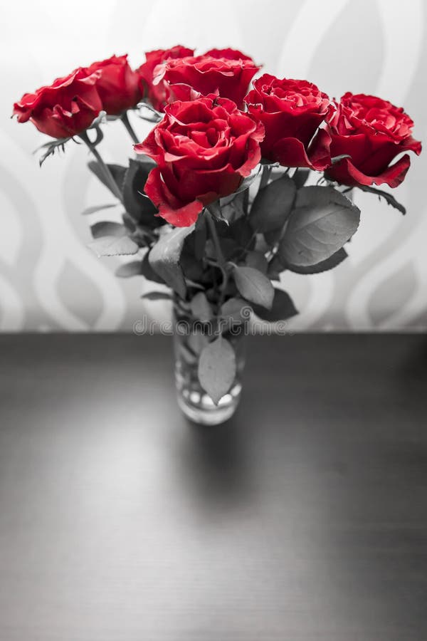 Bouquet of Blossoming Dark Red Roses in Vase Stock Image - Image of ...