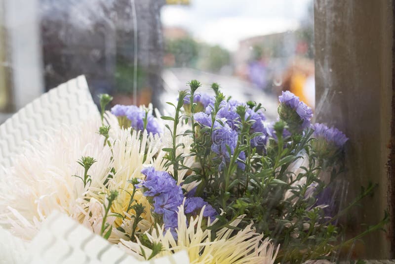 Bouquet of Blue Flowers Behind the Glass Stock Image - Image of floral ...