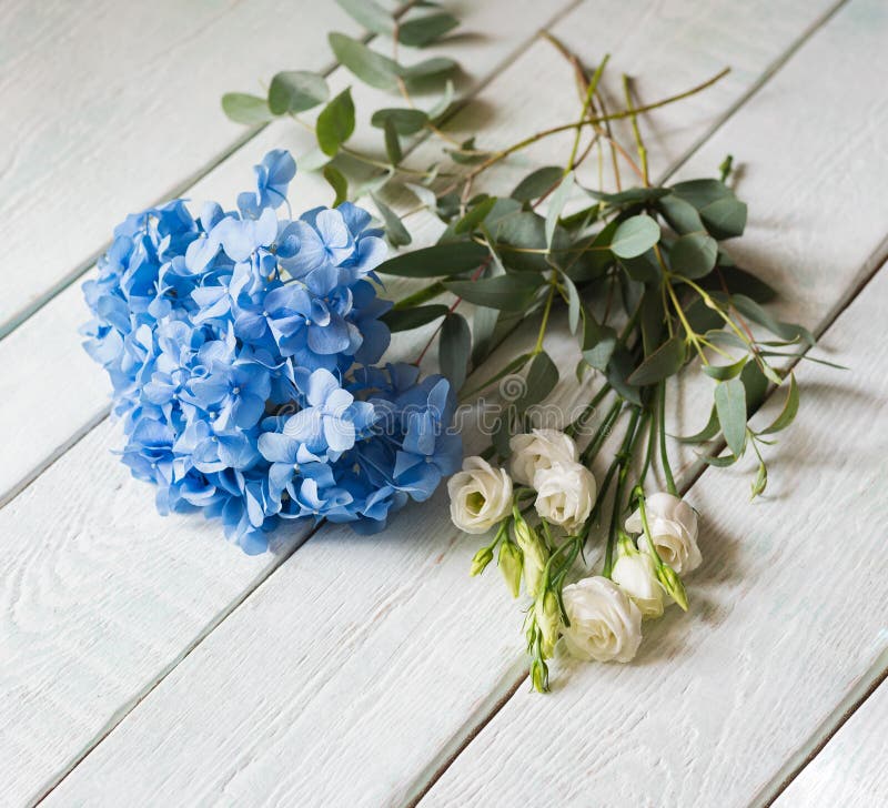 Bouquet with Blue Hydrangea, White Roses Stock Photo - Image of ...