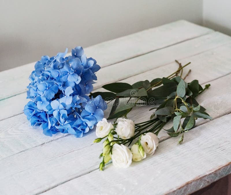 Bouquet with Blue Hydrangea, White Roses Stock Photo - Image of nature ...