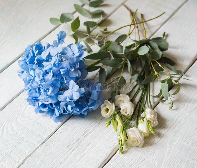 Bouquet with Blue Hydrangea, White Roses Stock Photo - Image of ...