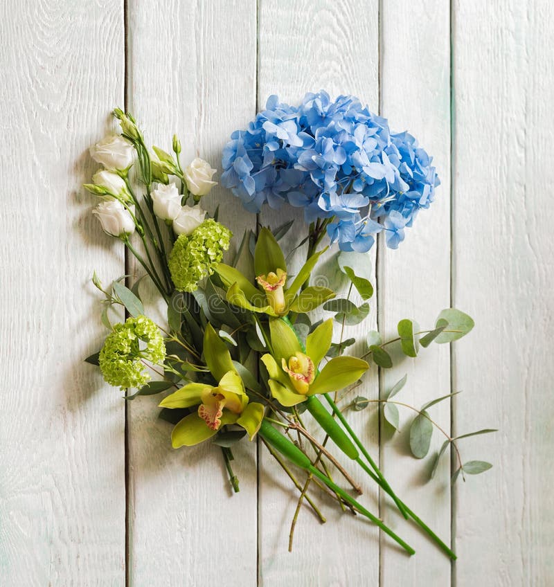 Bouquet with Blue Hydrangea, White Roses, Orchids Stock Image - Image ...