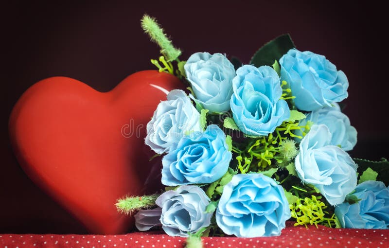 Bouquet of Blue Roses and a Large Red Heart Stock Photo - Image of ...