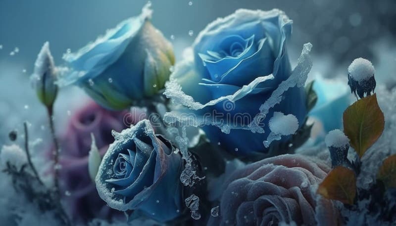 Bouquet of Blue Roses in the Winter Garden, Generative Ai Stock ...