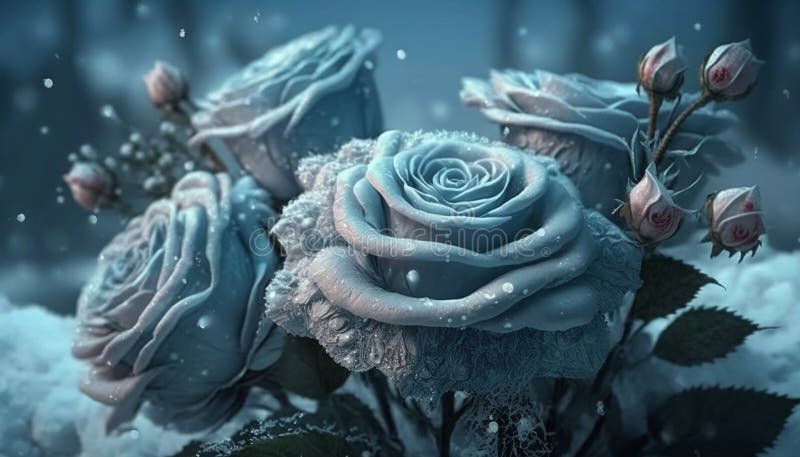 Bouquet of Blue Roses in the Winter Garden, Generative Ai Stock ...