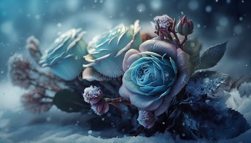 Bouquet of Blue Roses in the Winter Garden, Generative Ai Stock ...