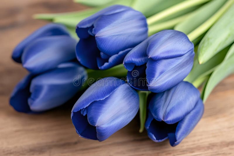 Bouquet of Blue Tulips Lying on a Wooden Table Stock Illustration ...