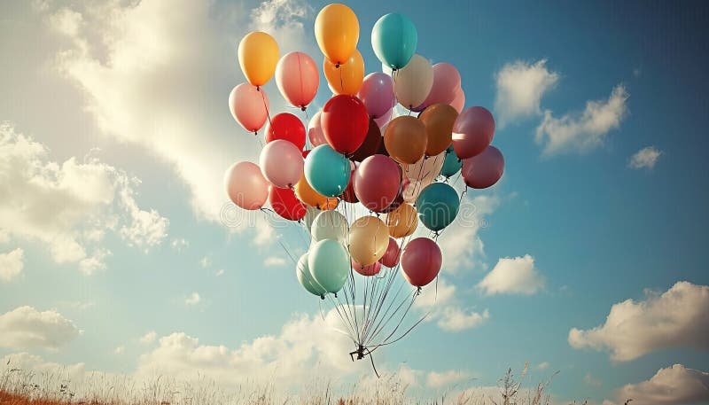 Bouquet, Bunch of Balloons Flying Up in the Sky Stock Illustration ...
