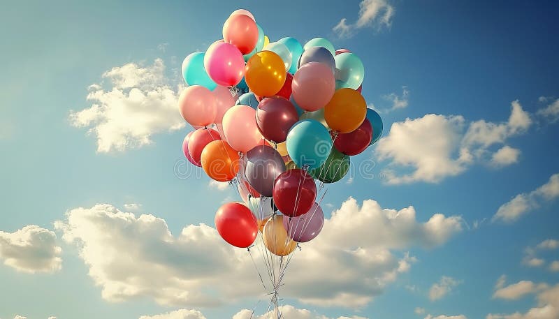 Bouquet, Bunch of Balloons Flying Up in the Sky Stock Illustration ...