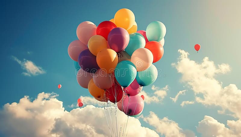 Bouquet, Bunch of Balloons Flying Up in the Sky Stock Illustration ...